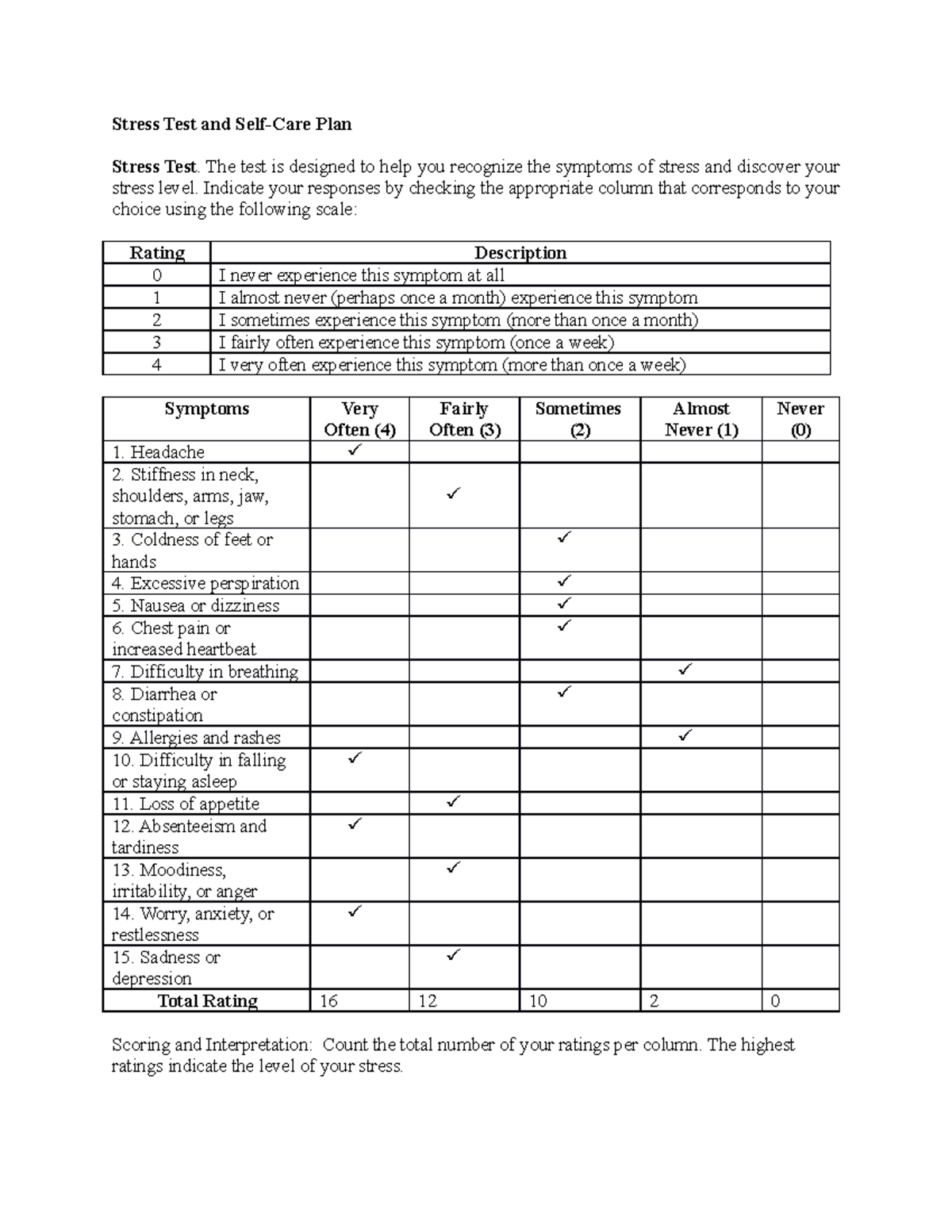 Stress Test and Self-Care Plan - Stress Test and Self-Care Plan Stress ...