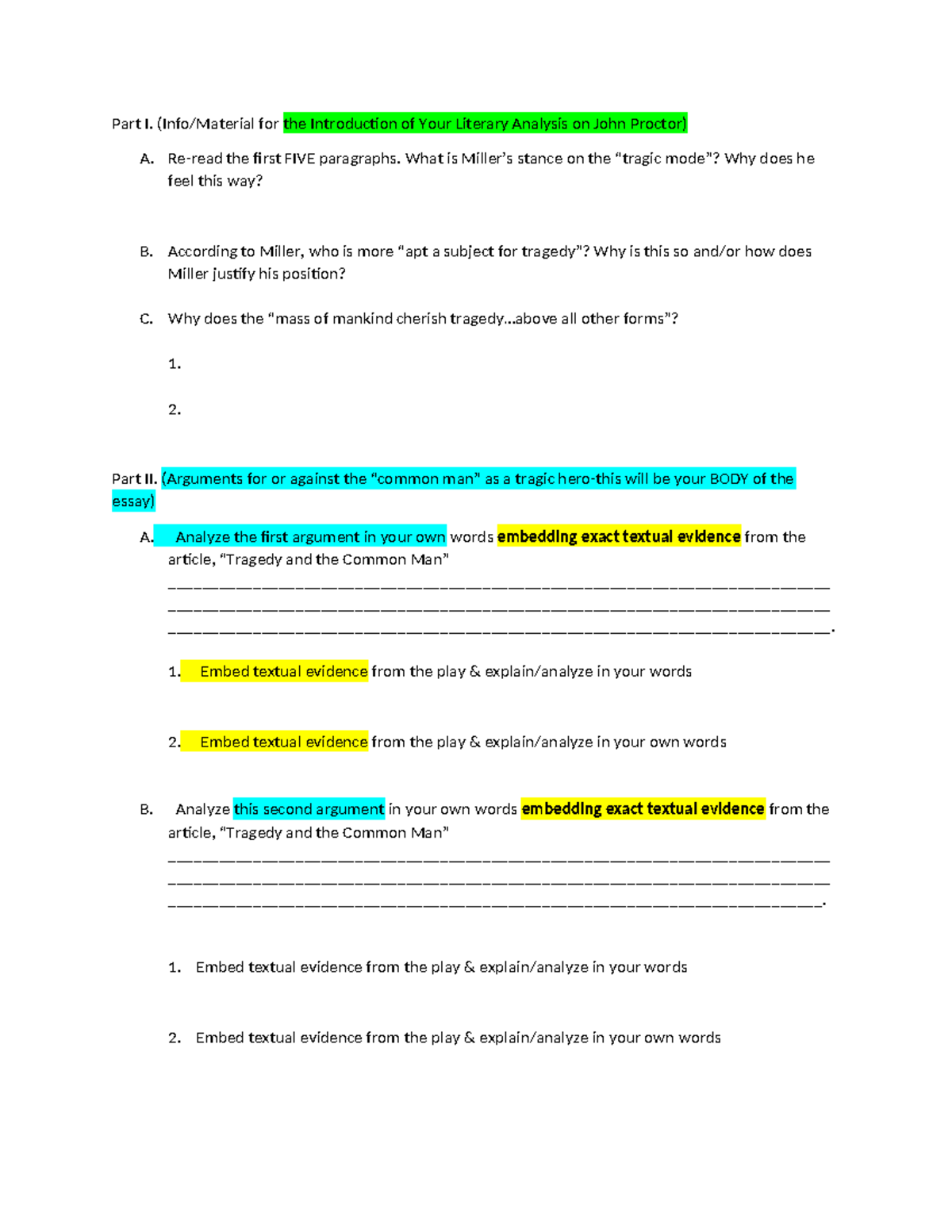 Prewriting and Outlining for the John Proctor Analysis - Part I. (Info ...