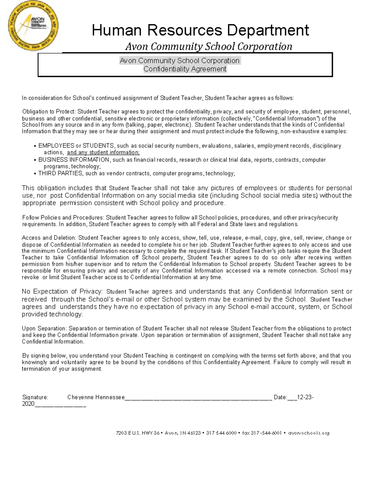 Confidentiality Agreement - Human Resources Department Avon Community ...