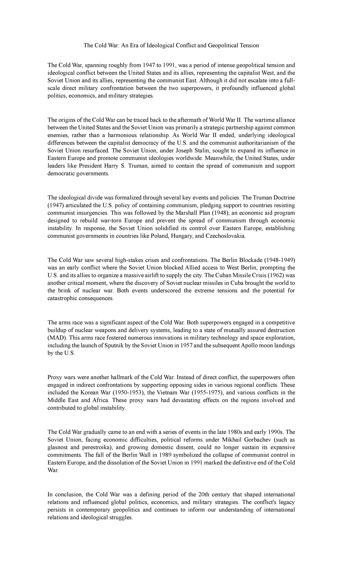 The Cold War Essay - The Cold War: An Era of Ideological Conflict and ...