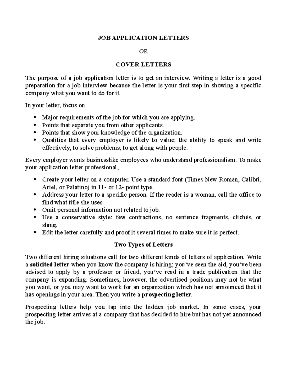 JOB Application Letters (Notes) - JOB APPLICATION LETTERS OR COVER ...