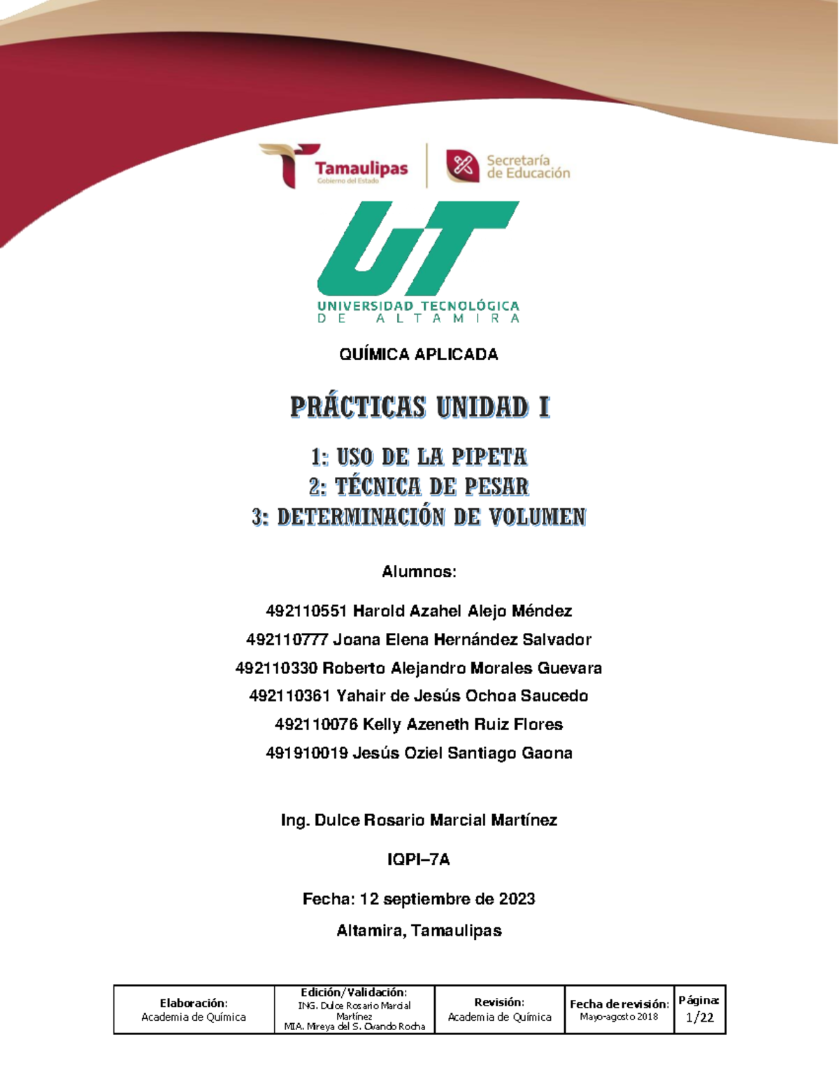 PRAC1P1. Buenas Prácticas - INGENIERÍA QUÍMICA DE PROCESOS INDUSTRIALES QUÍMICA APLICADA Alumnos ...