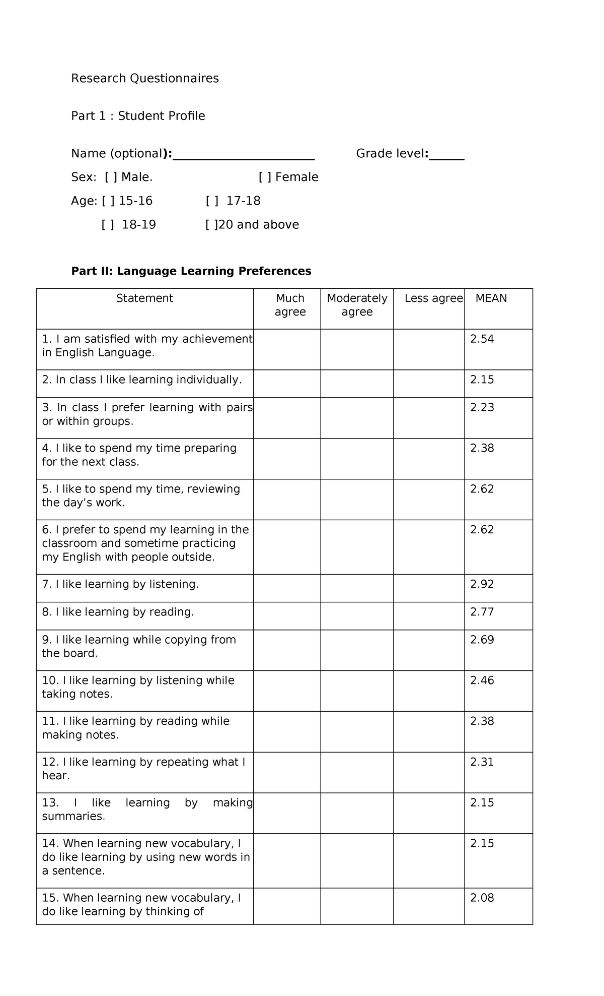 Final research questionnaires - Copy - Research Questionnaires Part 1 ...