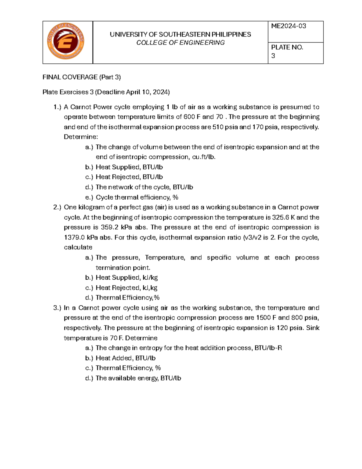 ME 211 Plate Exercise 3 - N/A - UNIVERSITY OF SOUTHEASTERN PHILIPPINES ...