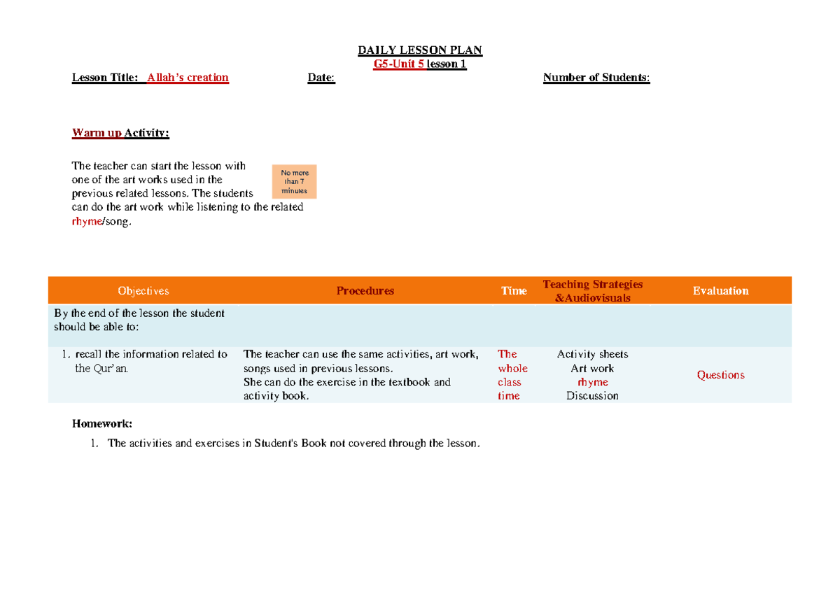 ILPY1U5L3 - Lesson plan - No more than 7 minutes DAILY LESSON PLAN G5 ...