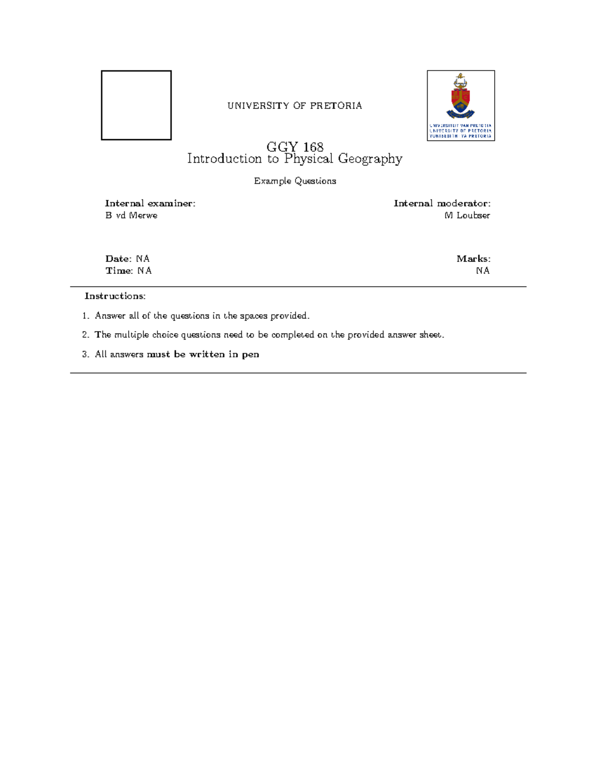 Example-short-questions - UNIVERSITY OF PRETORIA GGY 168 Introduction ...