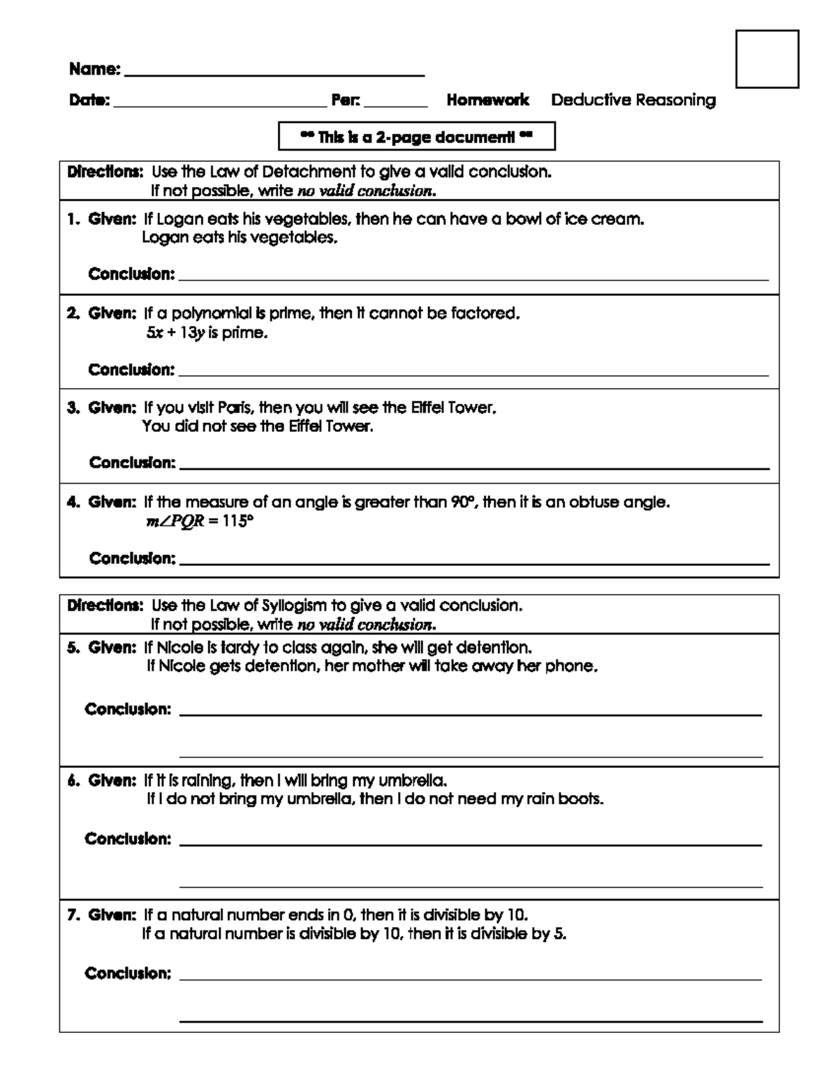 2-5 Practice - Geometry Work - Name: Date: Per: Homework Deductive ...