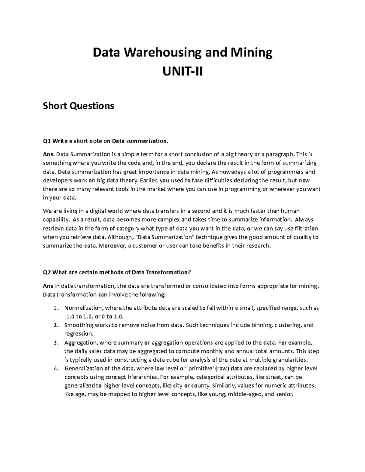 DWM UNIT - II Question BANK - Data Warehousing and Mining UNIT-II Short Questions Q1 Write a ...