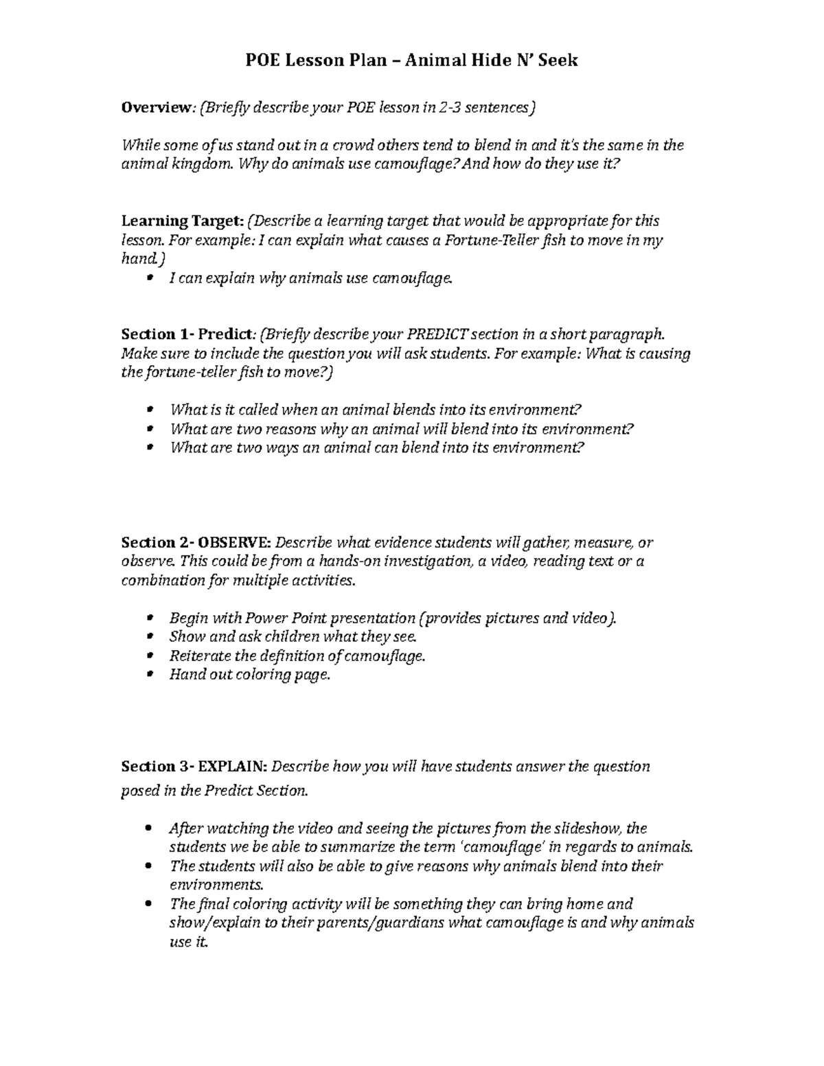 POE Lesson Plan - Why do animals use camouflage? And how do they use it ...