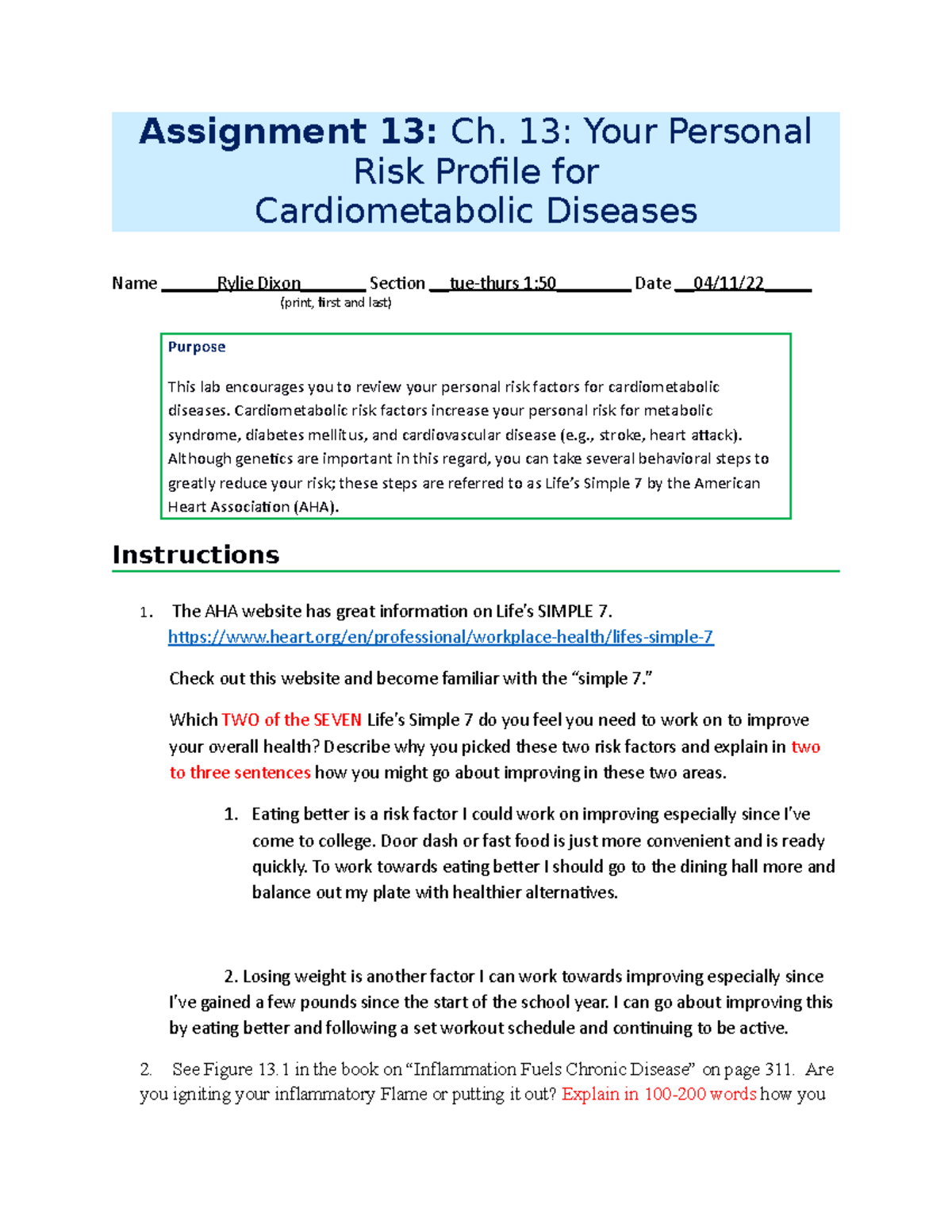 Assignment #13- Your Personal Risk Profile for Cardiometabolic Diseases ...