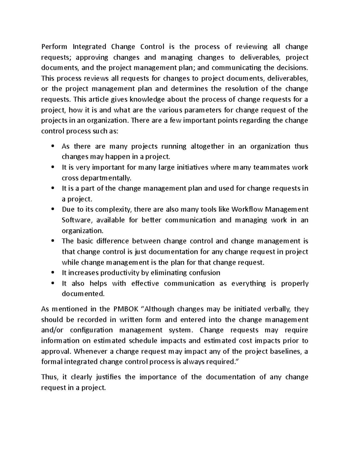 Exercise 1 MGMT8460 - fdf - Perform Integrated Change Control is the ...