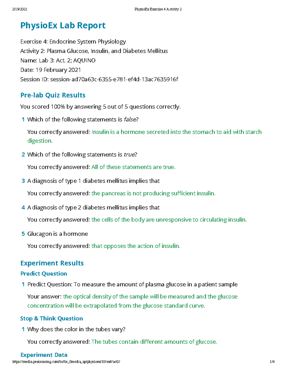 Lab 3, Act. 2- Aquino - PhysioEx Lab Report Exercise 4: Endocrine ...