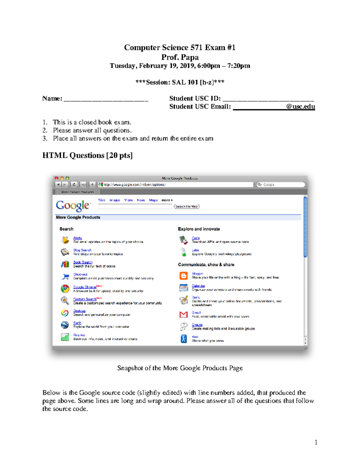 Cs57119 sp-midsec 1 - midterm - Computer Science 571 Exam Prof. Papa Tuesday, February 19, 2019 ...