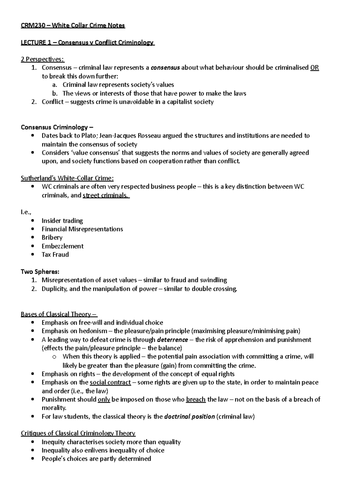 CRM230 - Lecture Notes from Sem 2, 2023. - CRM230 – White Collar Crime ...