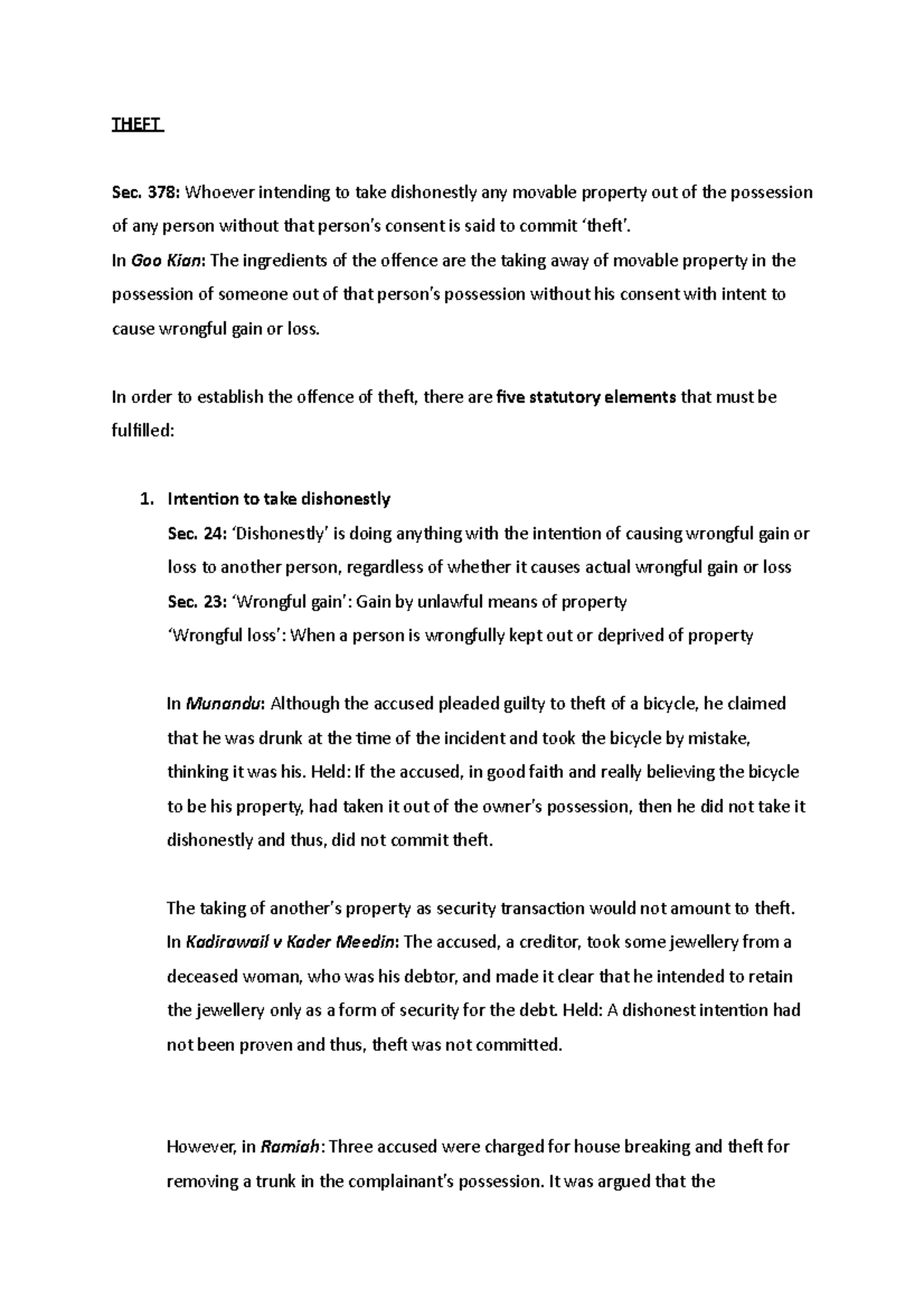 Theft, extortion and robbery short notes - THEFT Sec. 378: Whoever ...