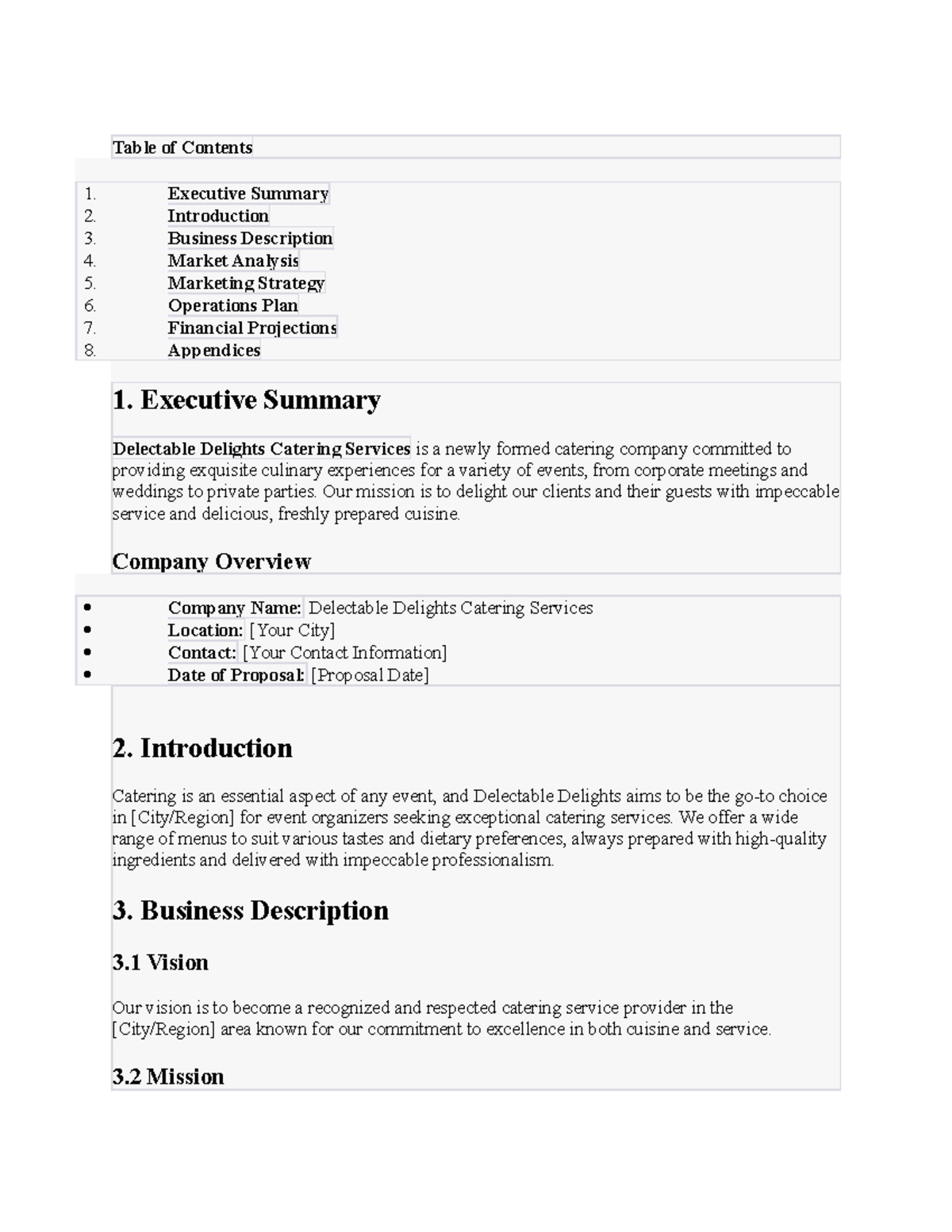 Business Proposal - Table of Contents 1. Executive Summary 2 ...