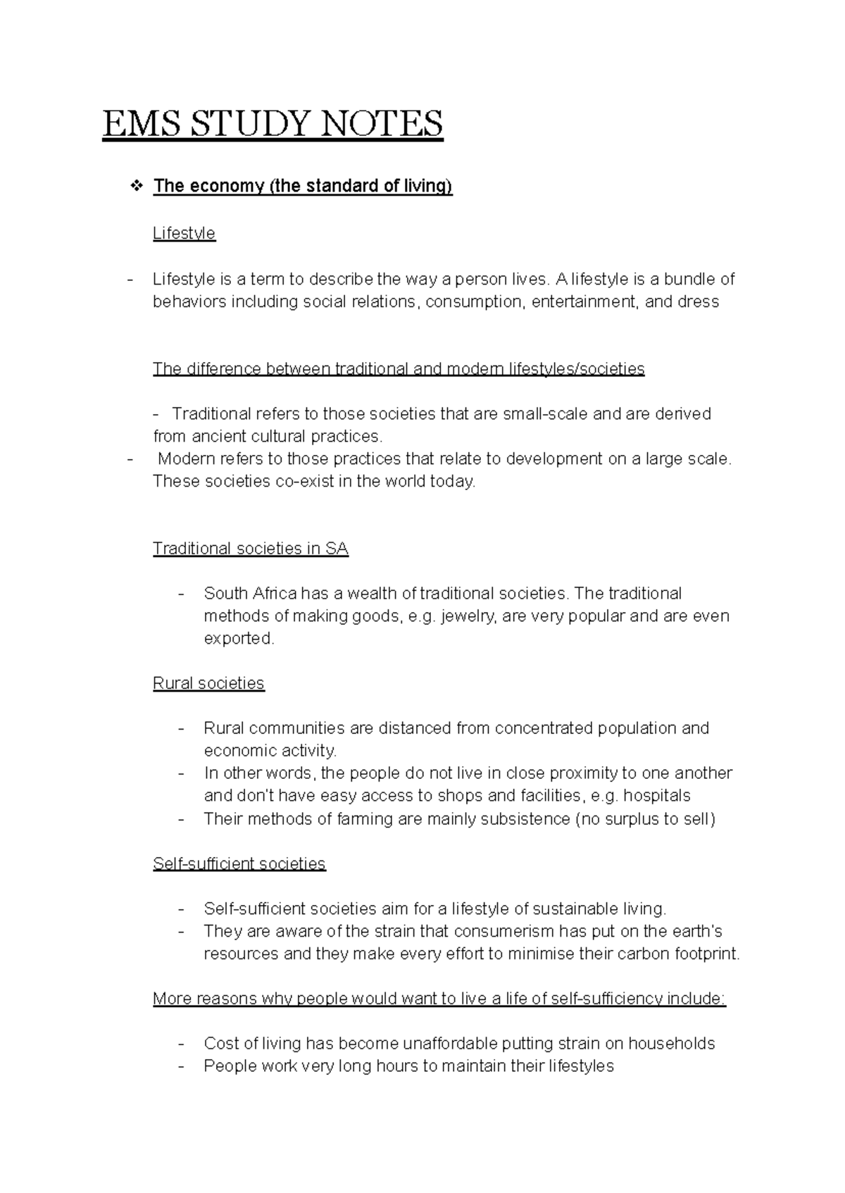 EMS Study Notes for grade 8 - EMS STUDY NOTES The economy (the standard ...