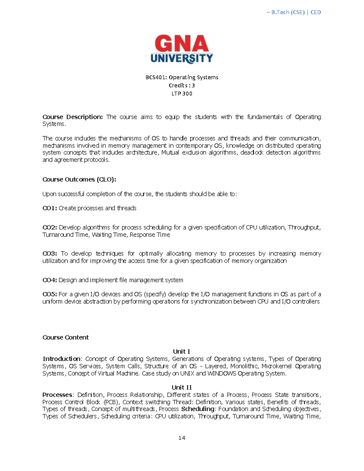 OS Syllabus Theory - CYBER NOTES - – B (CSE) | CED 14 BCS401: Operating ...