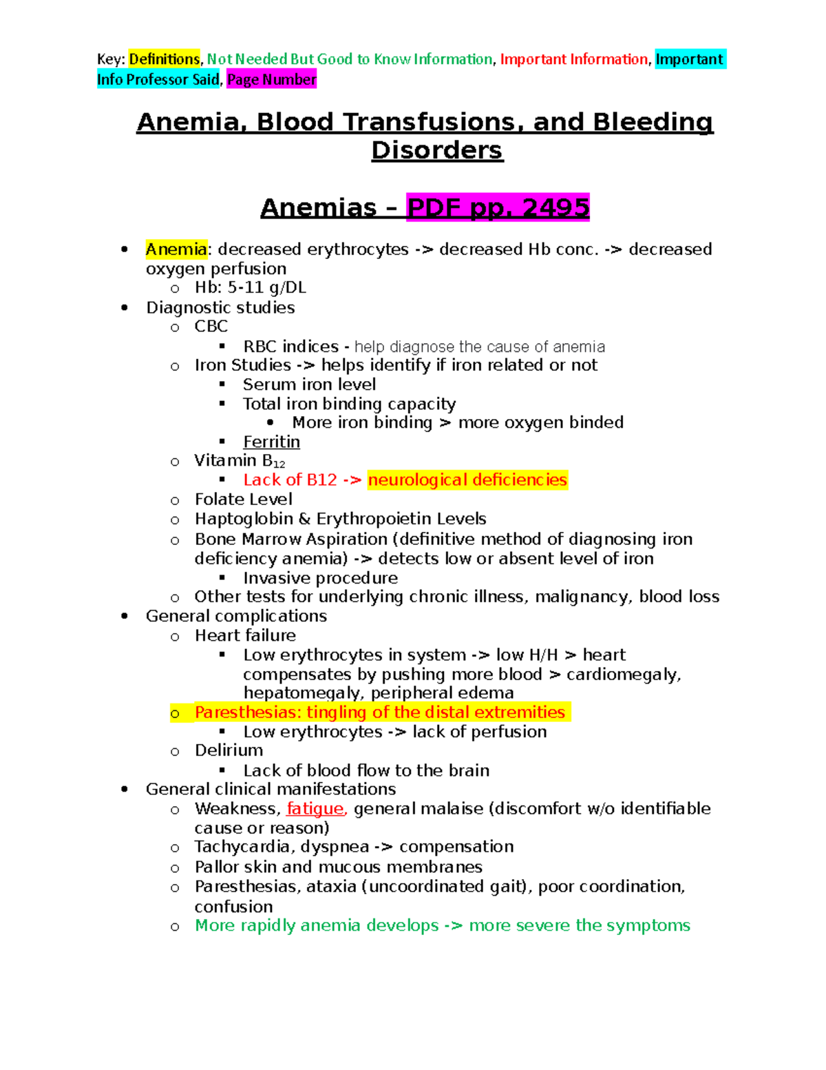 NUR3180 Blood Notes - Info Professor Said, Page Number Anemia, Blood ...