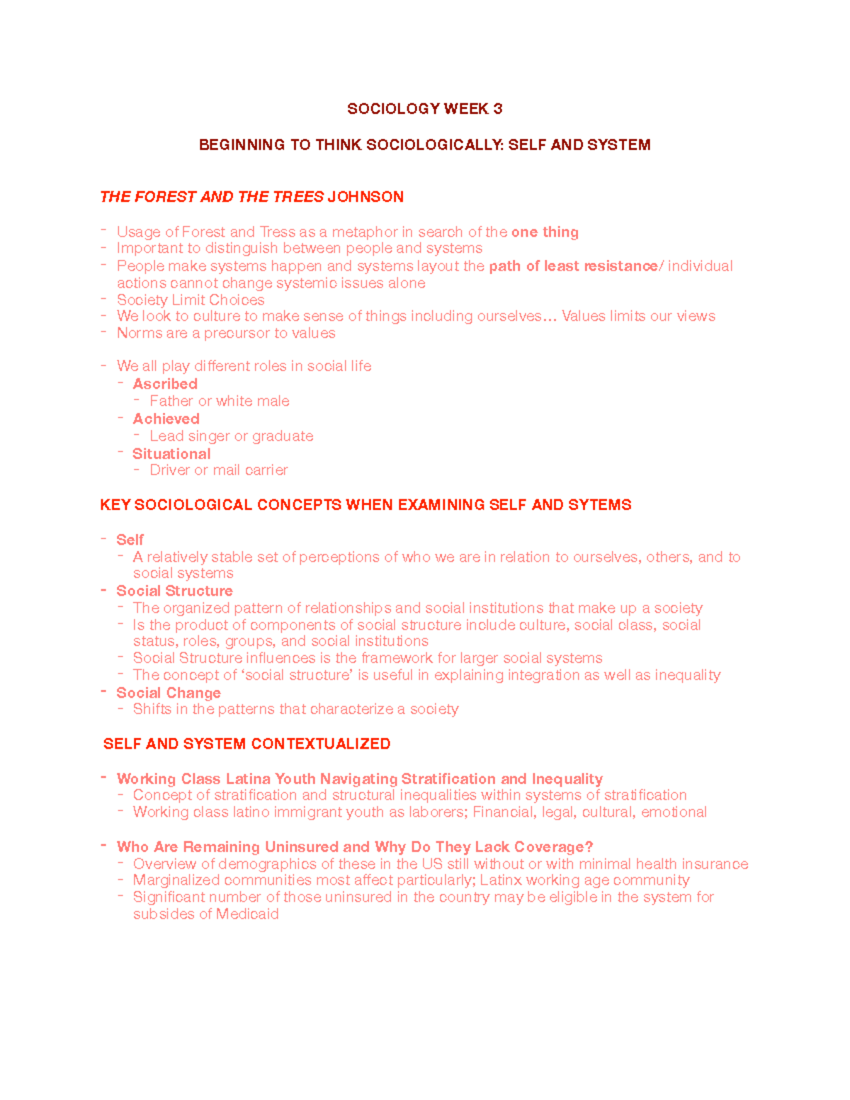 Sociology week 3 - SOCIOLOGY WEEK 3 BEGINNING TO THINK SOCIOLOGICALLY: SELF AND SYSTEM THE ...