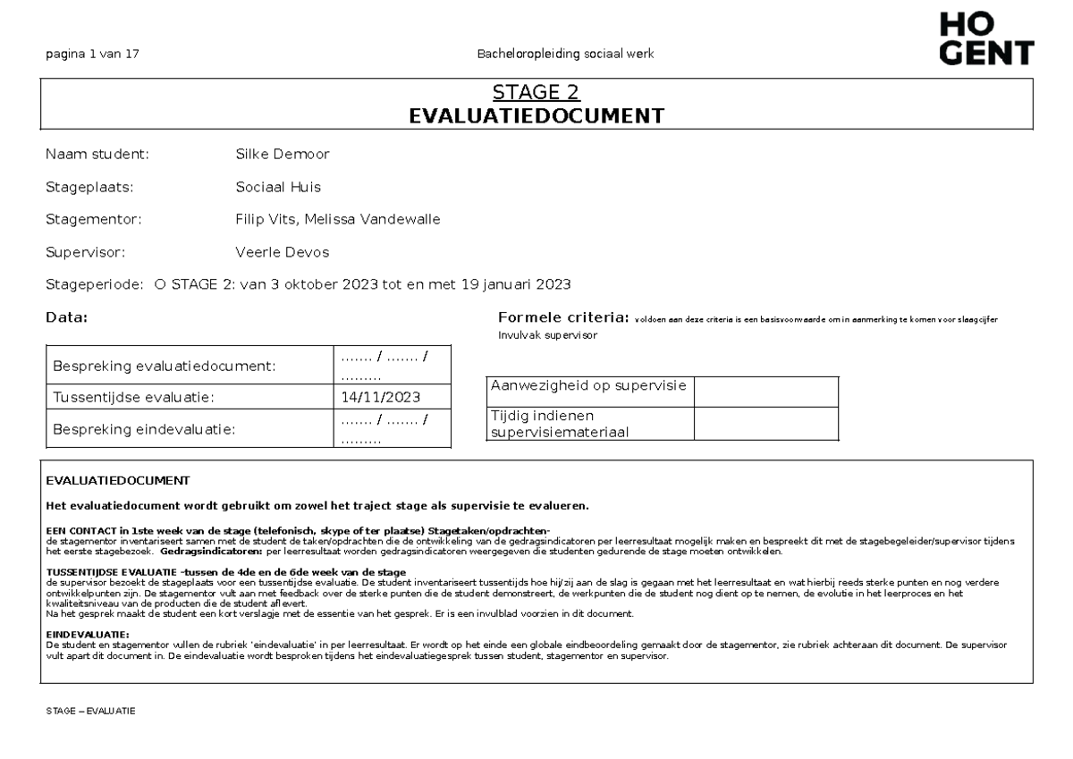 Evaluatiedocument stage 2 - 23-24 - pagina 1 van 17 Bacheloropleiding ...