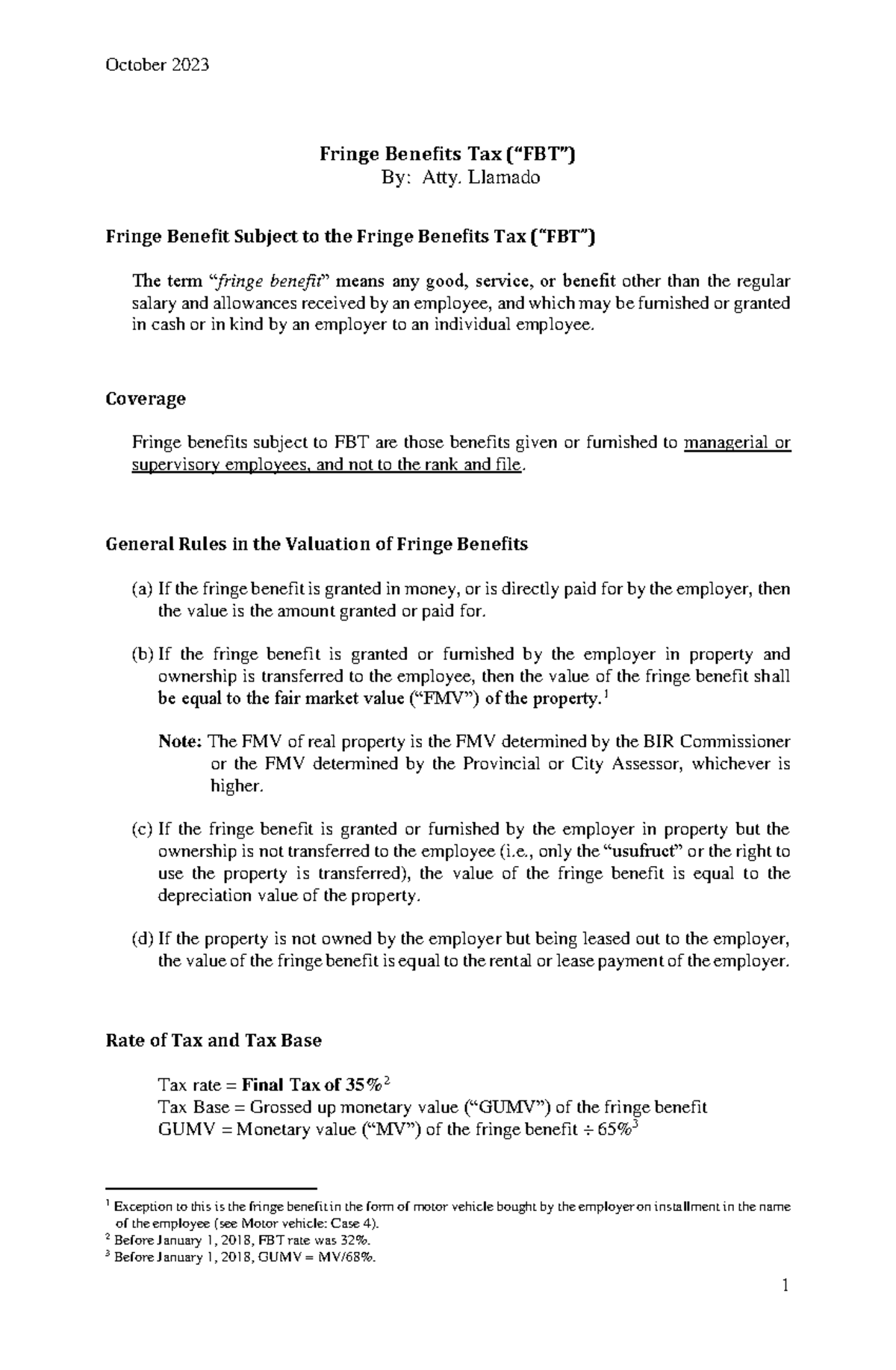 94-06 Fringe Benefits Tax - Handout - Fringe Benefits Tax (“FBT”) By: Atty. Llamado Fringe ...