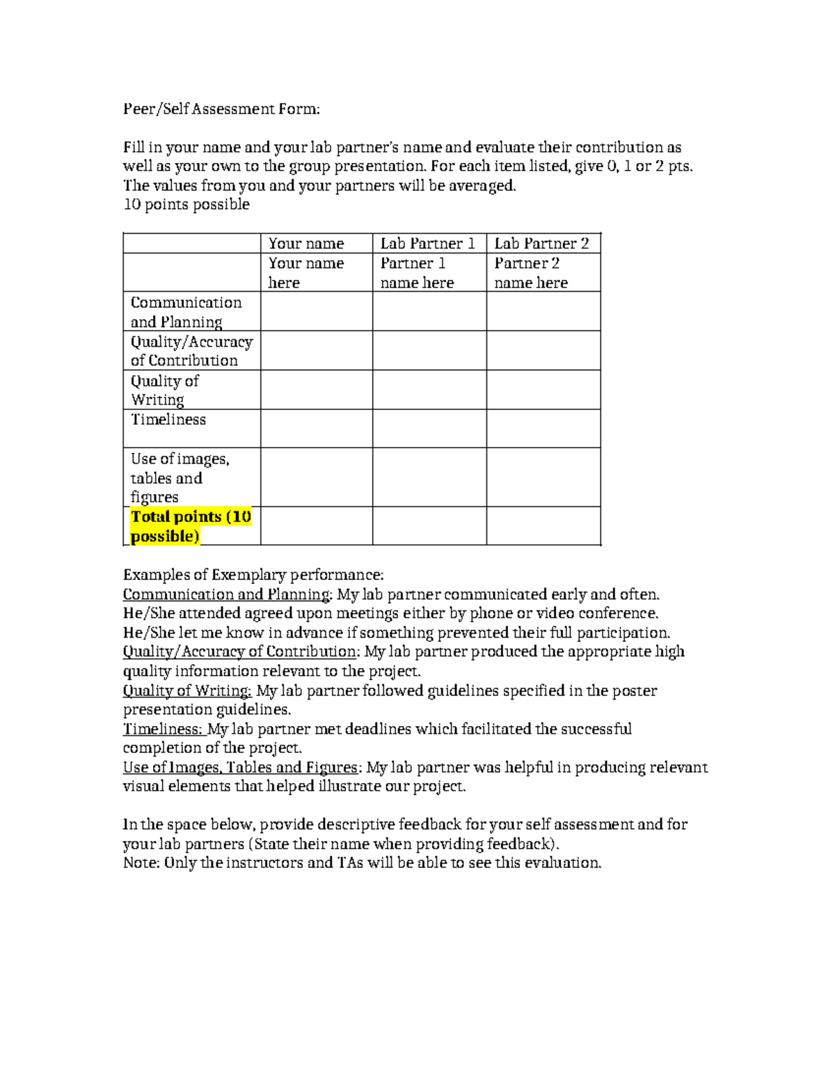 CHE134Peer Self Assessmentc - Peer/Self Assessment Form: Fill in your ...