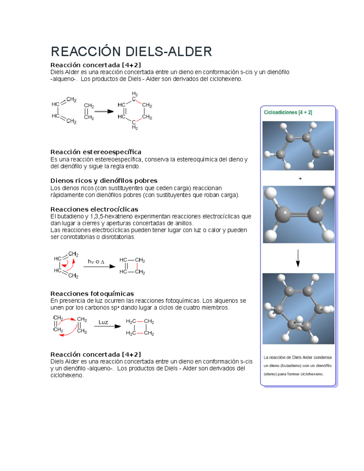 Reacción Diels - Tarea completa - REACCIÓN DIELS-ALDER Reacción concertada [4+2] Diels Alder es ...