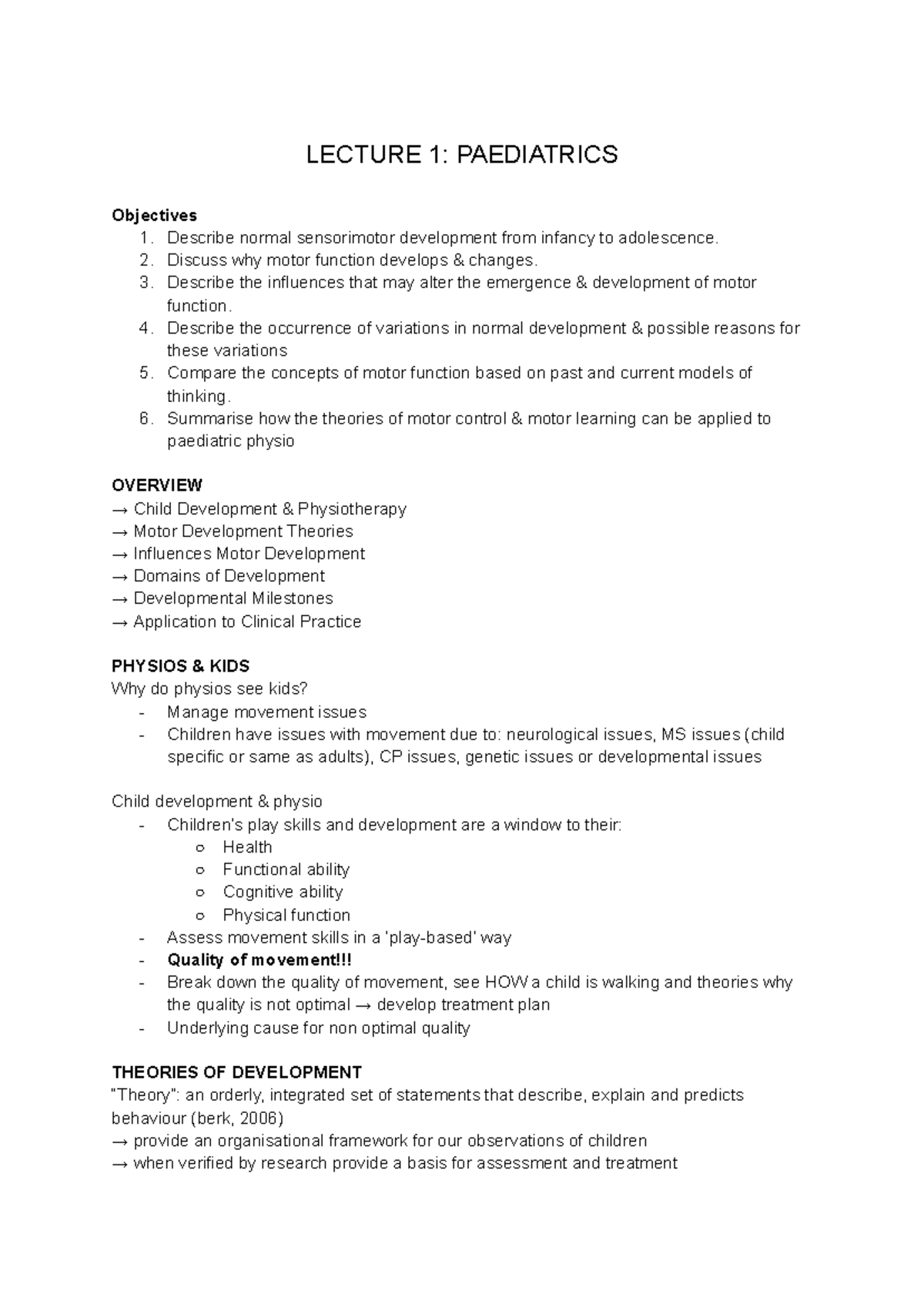 Physiotherapy II Lecture Notes - LECTURE 1: PAEDIATRICS Objectives 1 ...