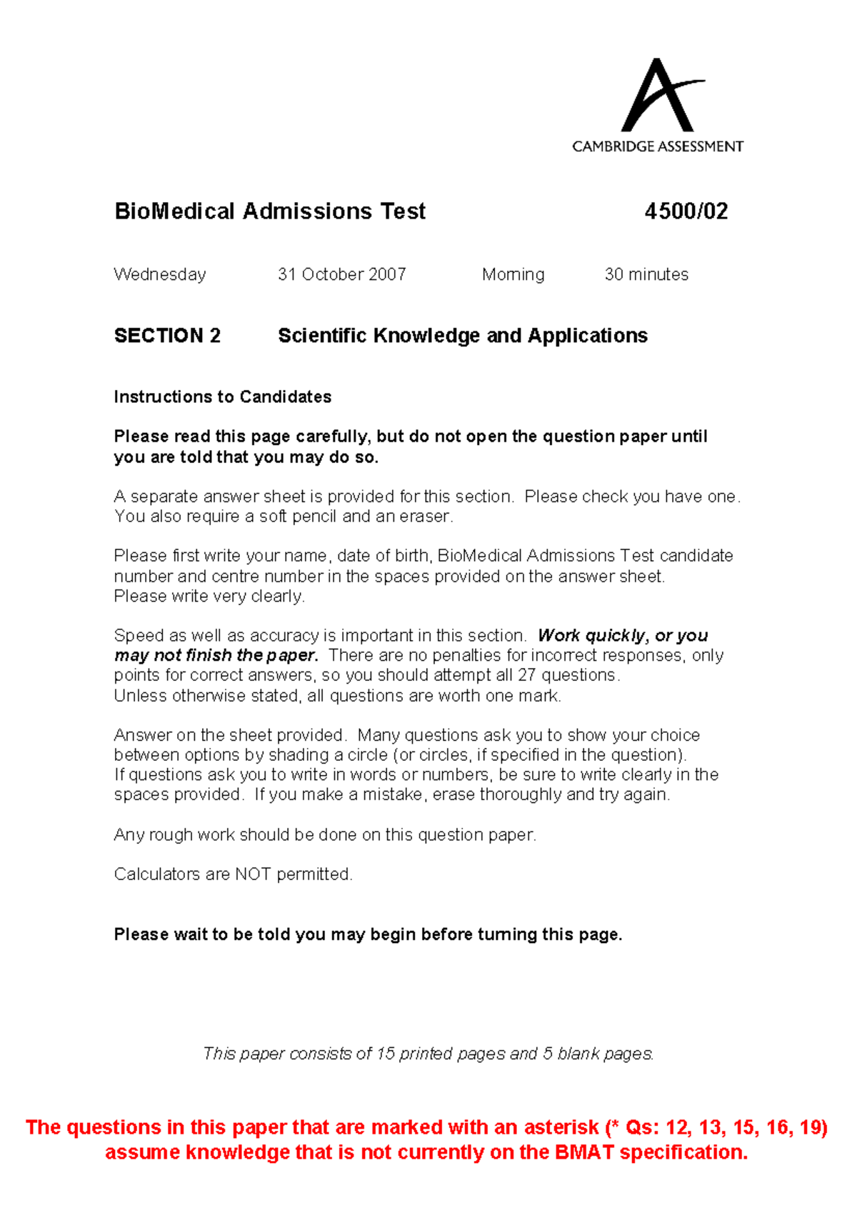 BMAT Past Paper 2007 Section 2 - BioMedical Admissions Test 4500 ...