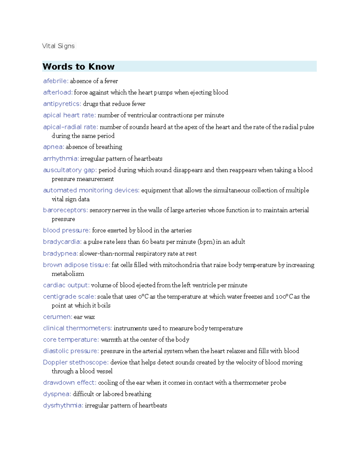 Vital Signs words and terminology - Vital Signs Words to Know afebrile ...
