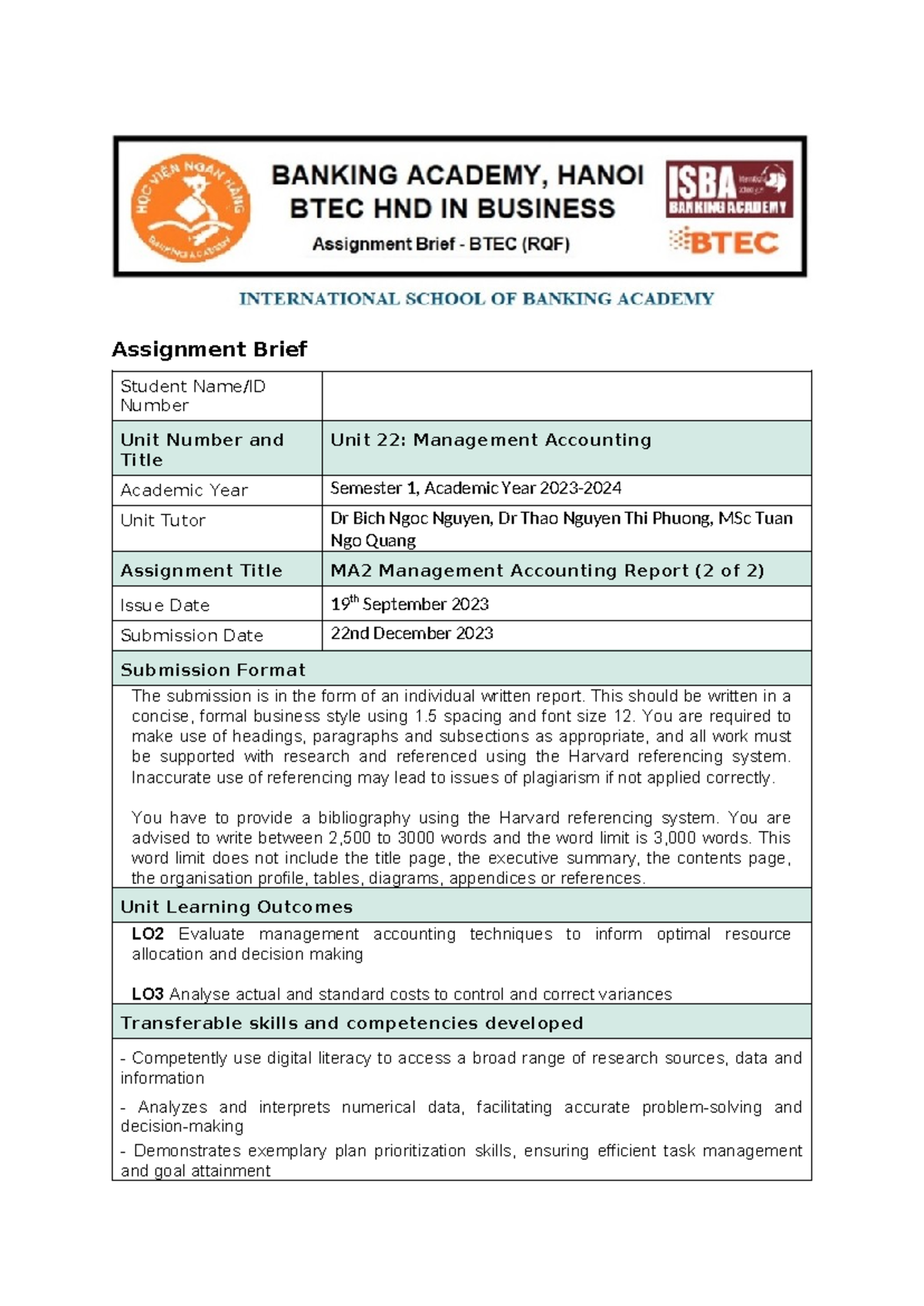 5.2 2023-2024- MA A2 report- LO2, LO3-sent - Assignment Brief Student Name/ID Number Unit Number ...