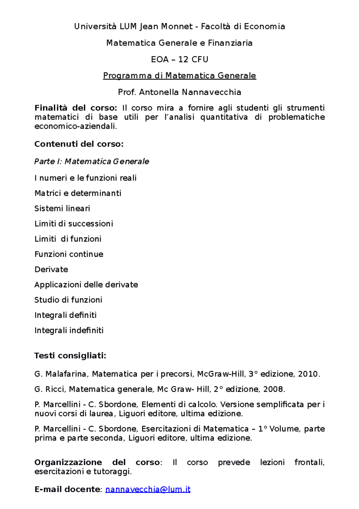 Programma Matematica Generale - LUM Jean Monnet di Economia Matematica ...