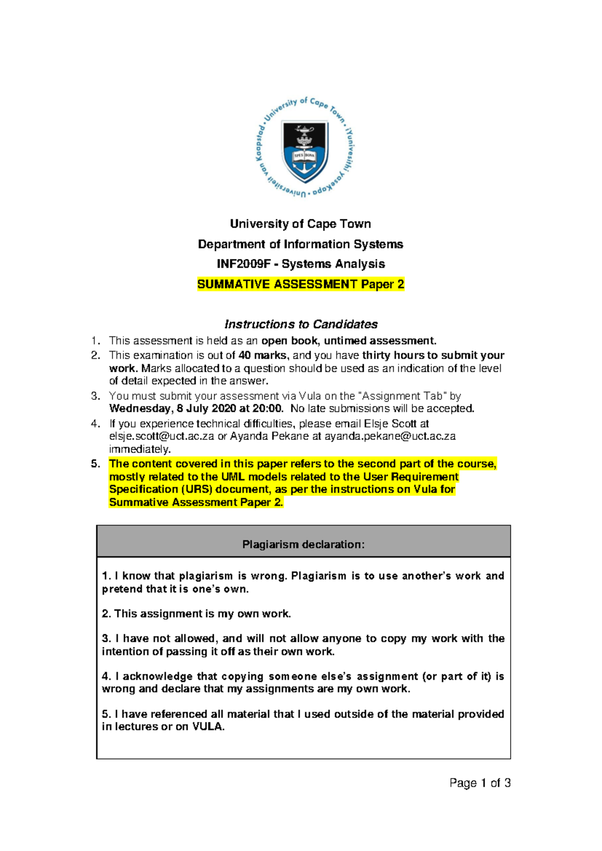 INF2009 F - Assessment Paper 2 2020v3 - Page 1 of 3 University of Cape ...