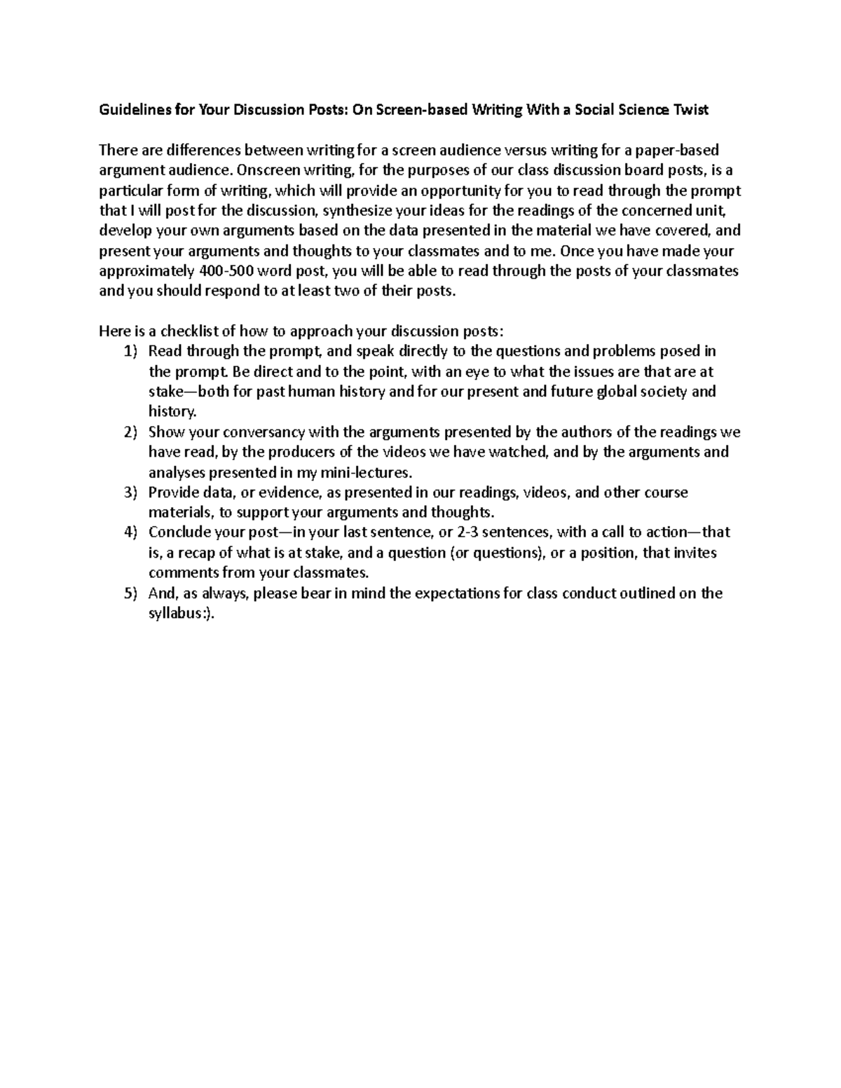 Guidelines for Your Discussion Posts - Onscreen writing, for the ...