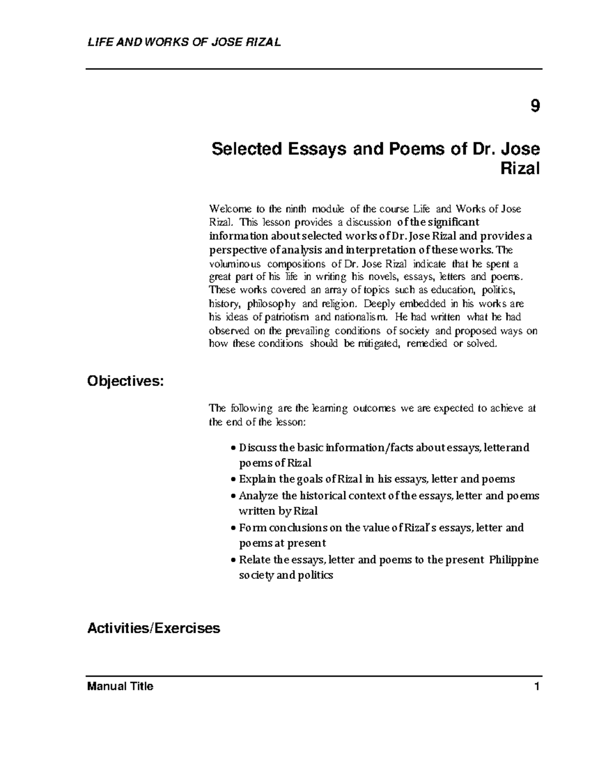 W11 Lesson 9 Selected Essays and Poems of Rizal - Module - LIFE AND ...