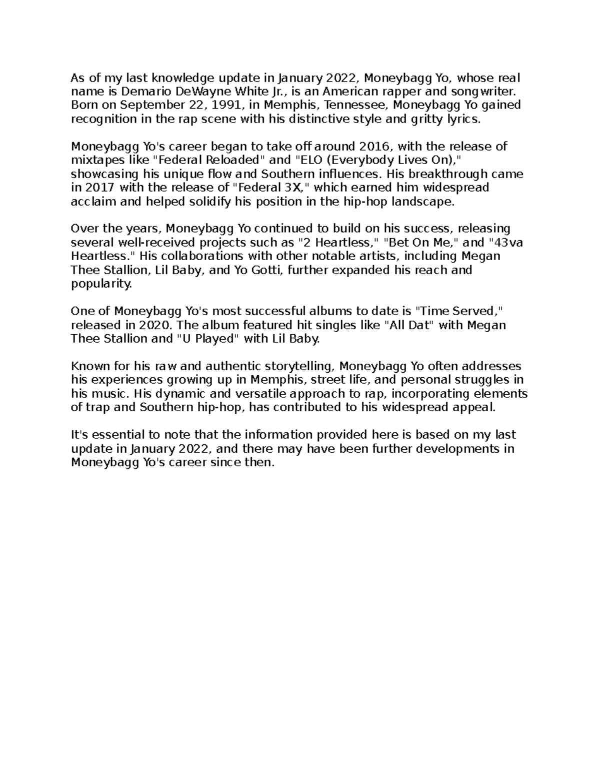 Bagg - quick written essay - As of my last knowledge update in January ...