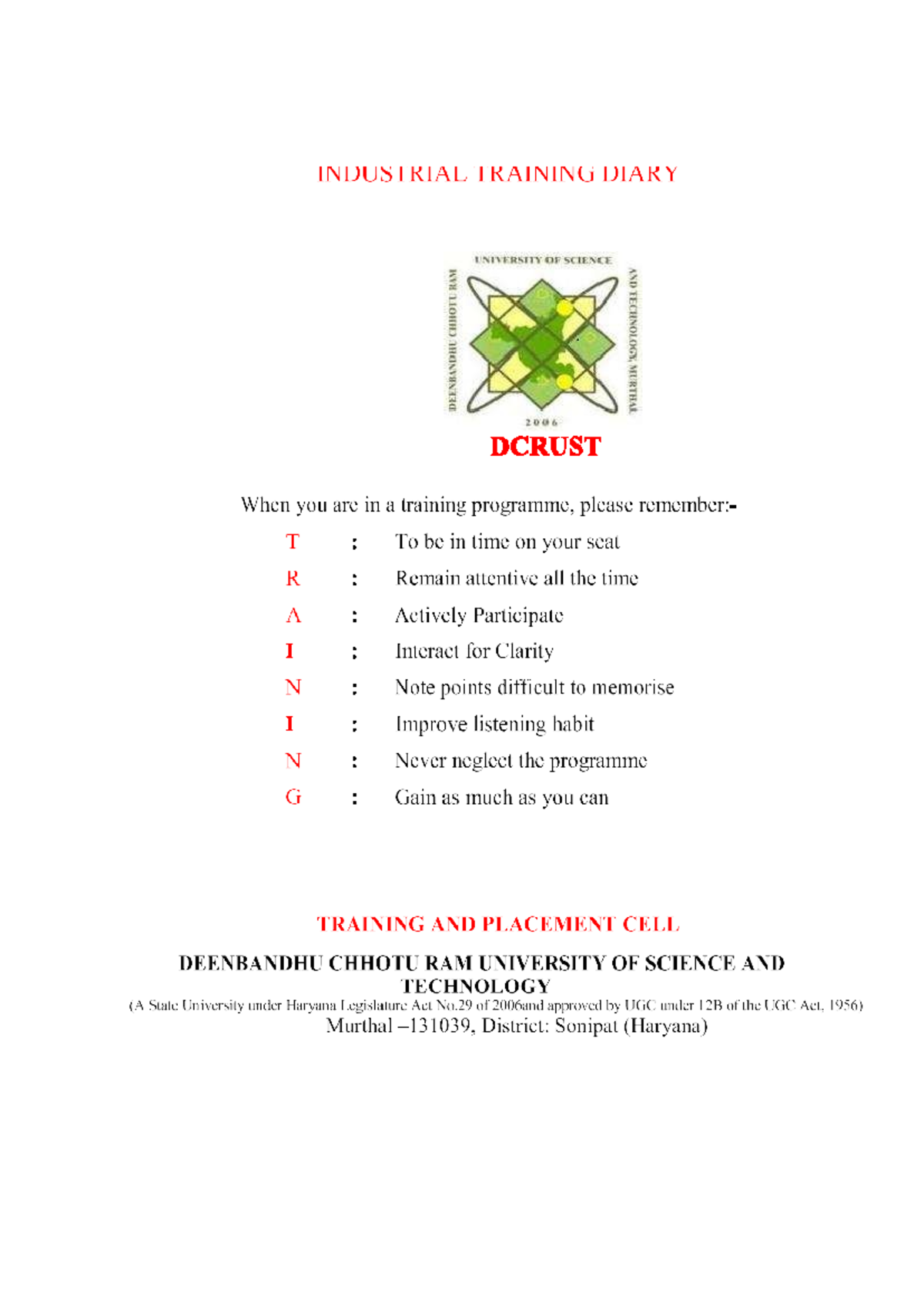 Diary Notes Industrial Training Diary University Of Science 2006 Dcrust When You Are In A