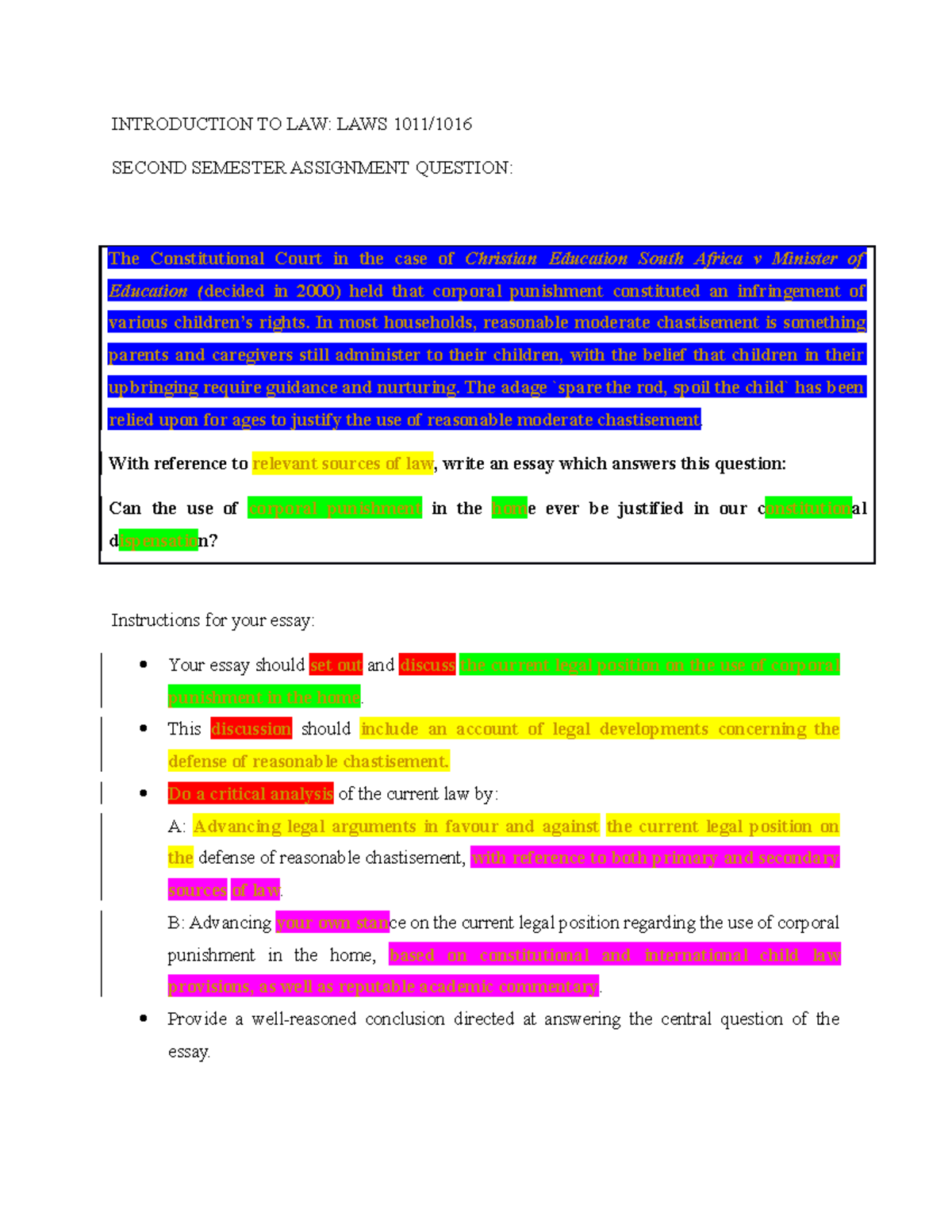 LAW Essay Question AND Instructions 2023 final - INTRODUCTION TO LAW: LAWS 1011/ SECOND SEMESTER ...