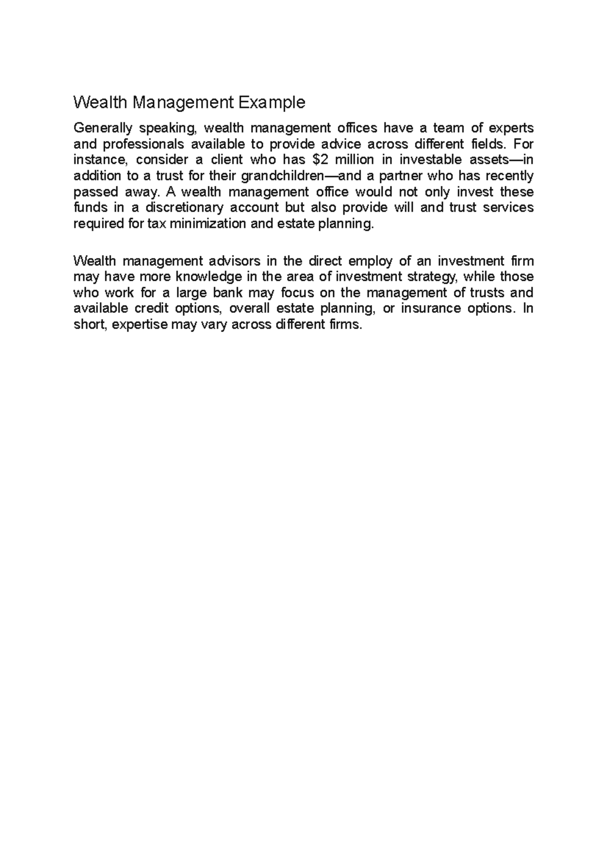 Wealth Management Example - Wealth Management Example Generally ...