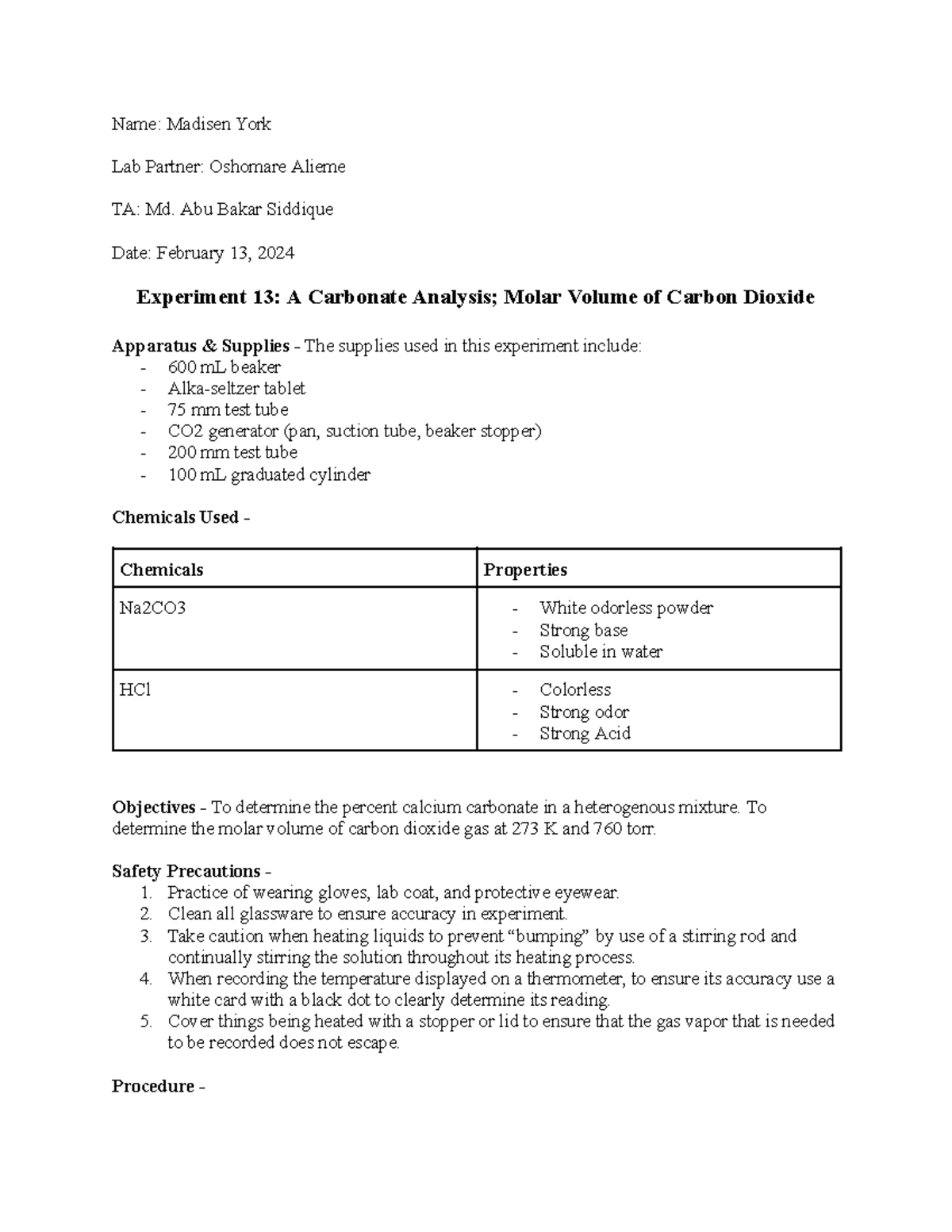Experiment 13 A Carbonate Analysis - Name: Madisen York Lab Partner ...