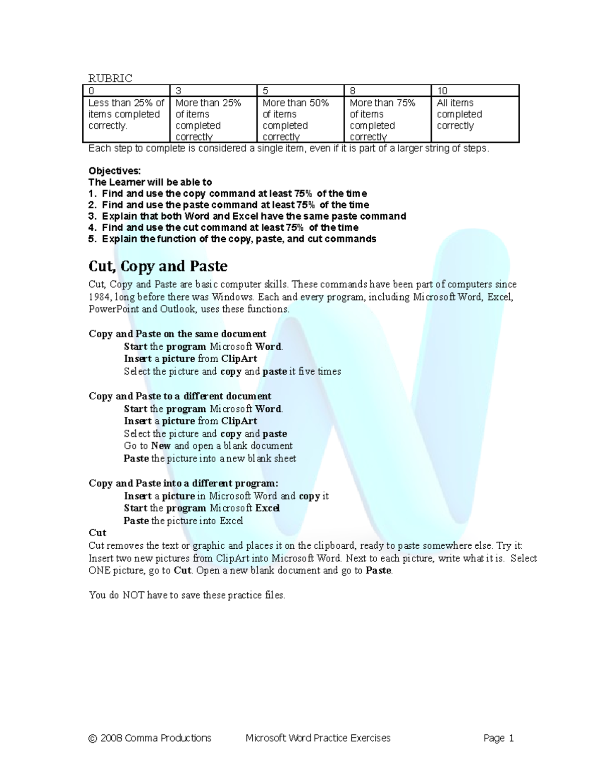 Beginning Microsoft Word Practice 1 - RUBRIC 0 3 5 8 10 Less than 25% ...