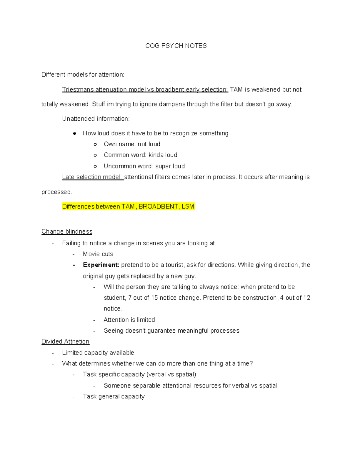 Cog psych notes stuco - COG PSYCH NOTES Different models for attention ...