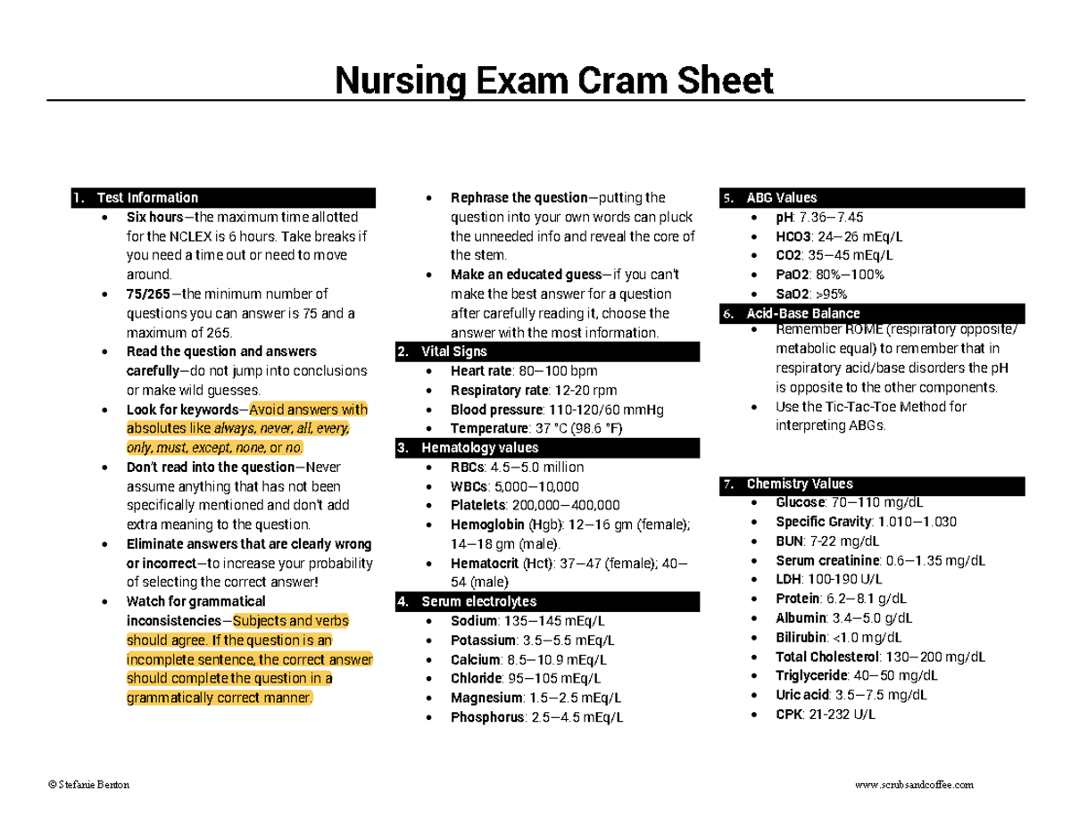 Nurse Cram Sheet - NCLEX - Nursing Exam Cram Sheet Test Information Six ...