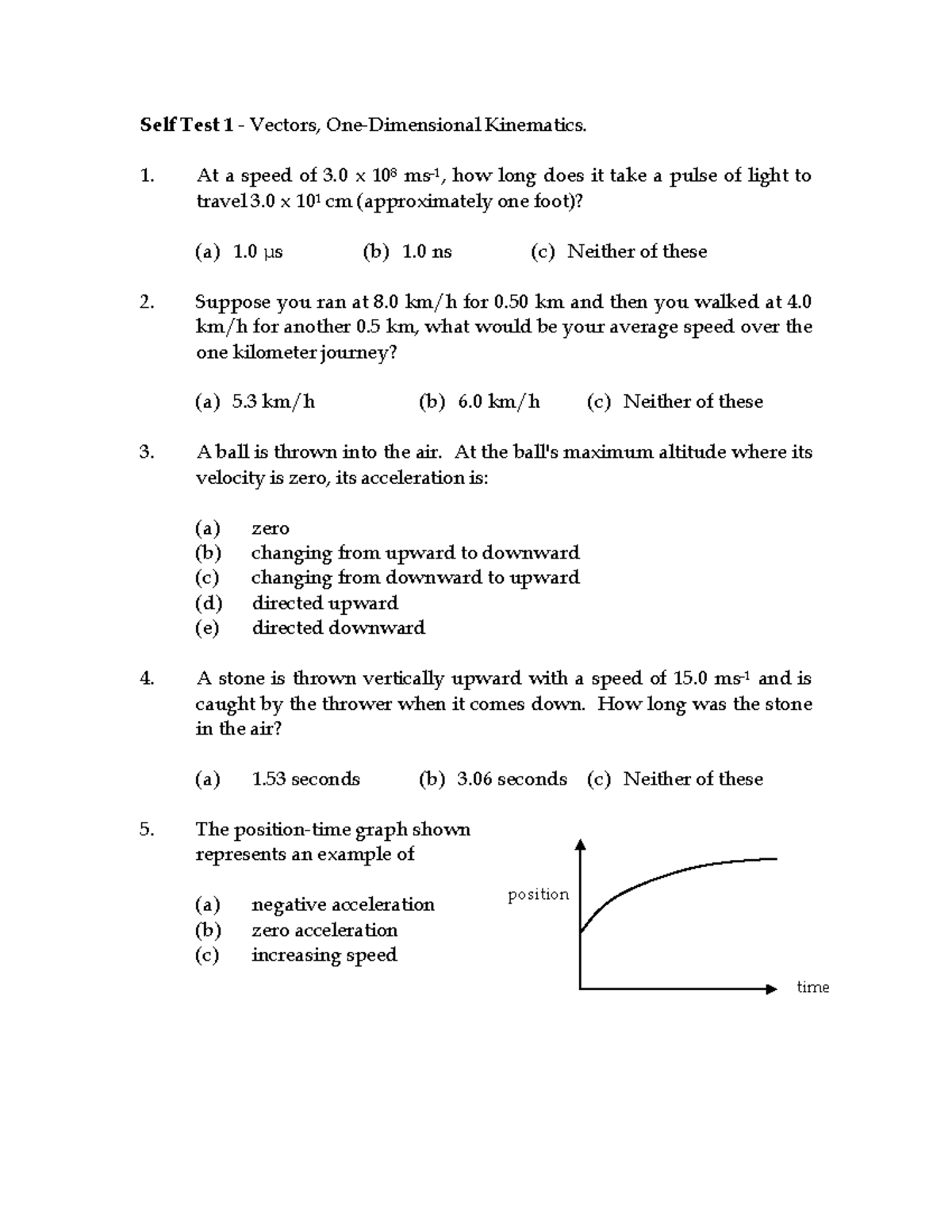 Physics Self Test 1- vectors - Self Test 1 - Vectors, One-Dimensional ...