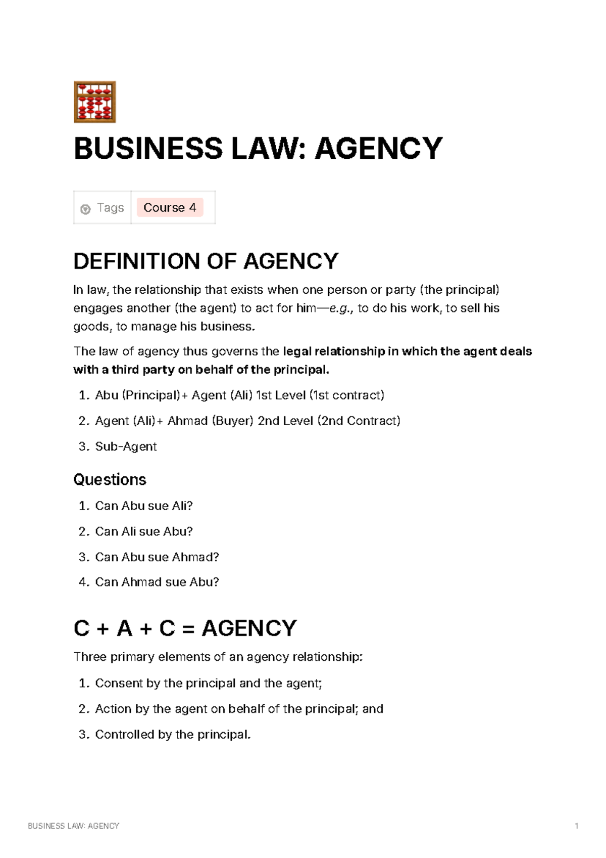 Agency - 🧮 BUSINESS LAW: AGENCY Tags Course 4 DEFINITION OF AGENCY In ...