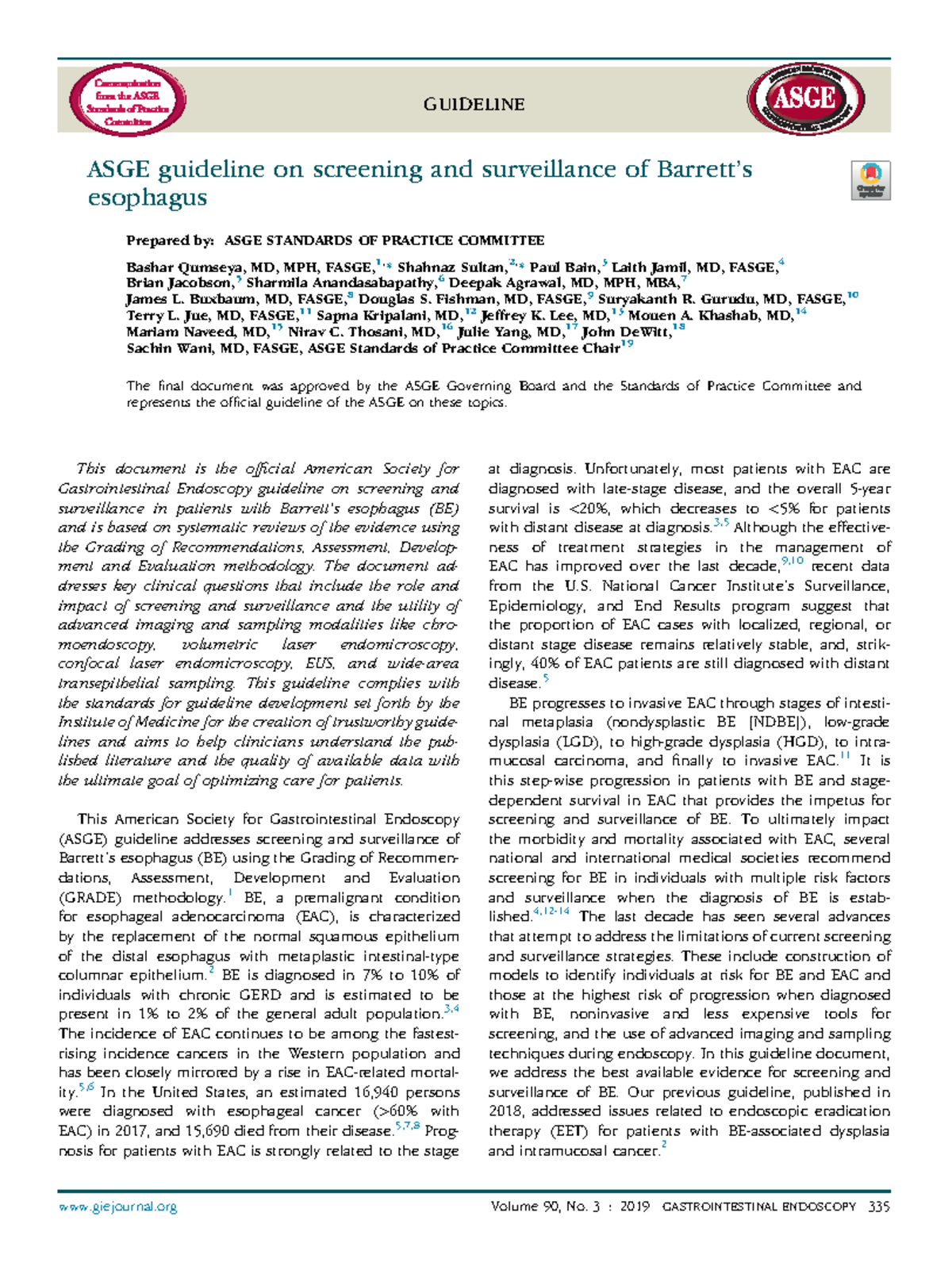 Asge guideline on screening and surveillance of barrett s esophagus ...