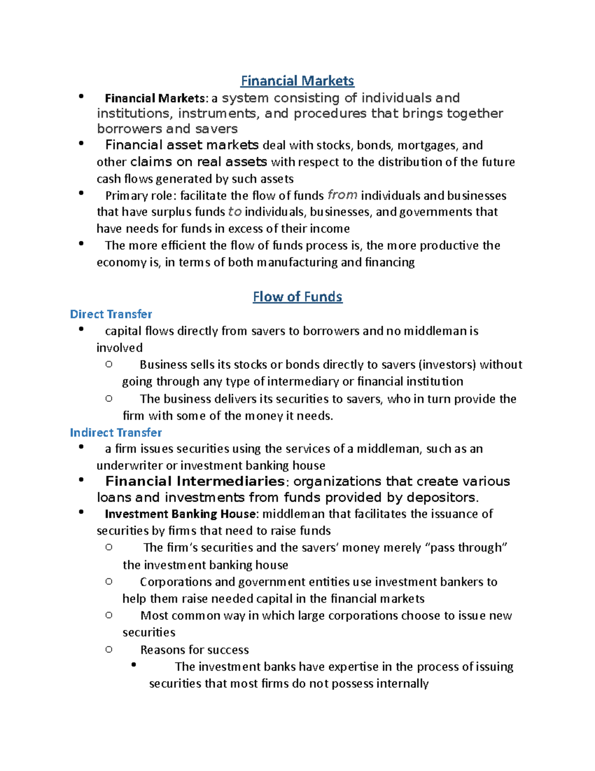 Ch. 3 notes finance - Financial Markets Financial Markets : a system ...