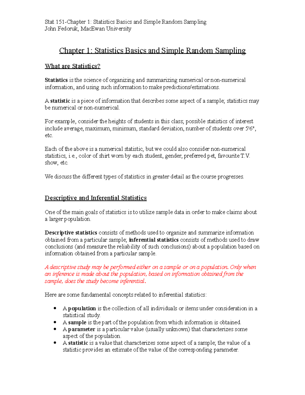 Stat151Ch1 - notes - John Fedoruk, MacEwan University Chapter 1 ...
