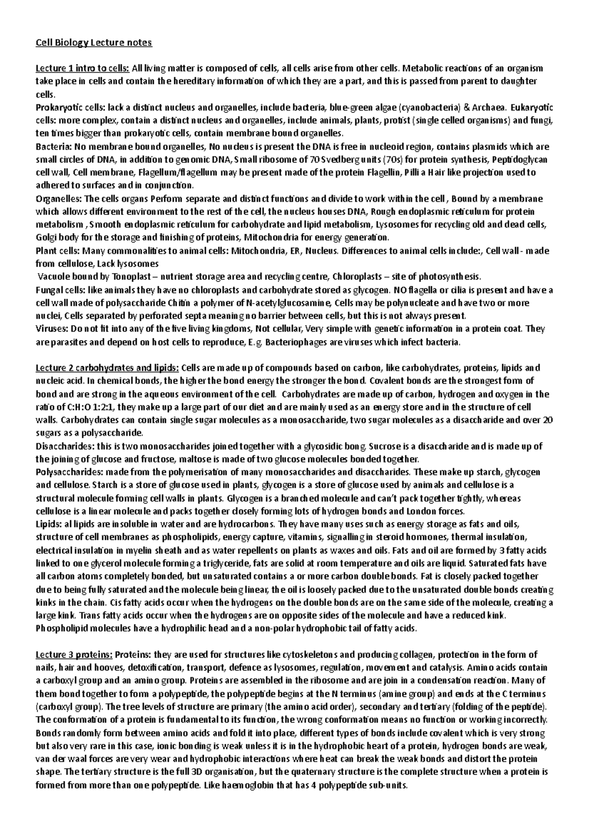 Cell Biology lecture summary - Cell Biology Lecture notes Lecture 1 ...